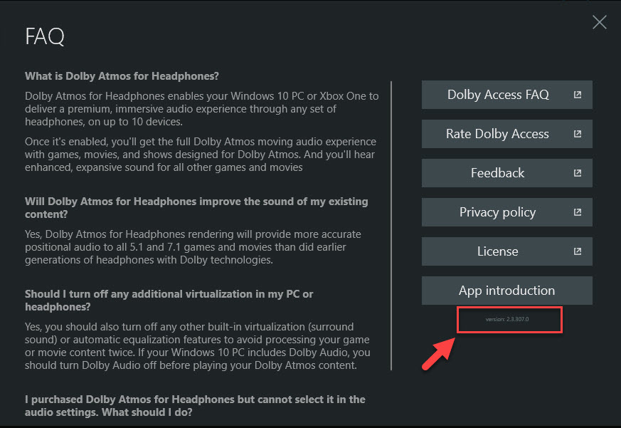 How to locate the Dolby Access Version?